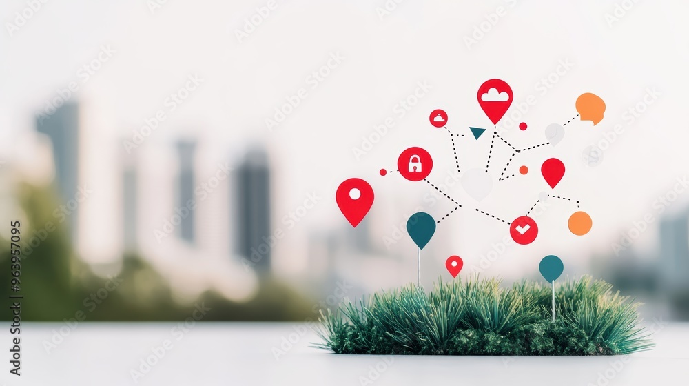 A map with icons representing different locations, each connected to a ...