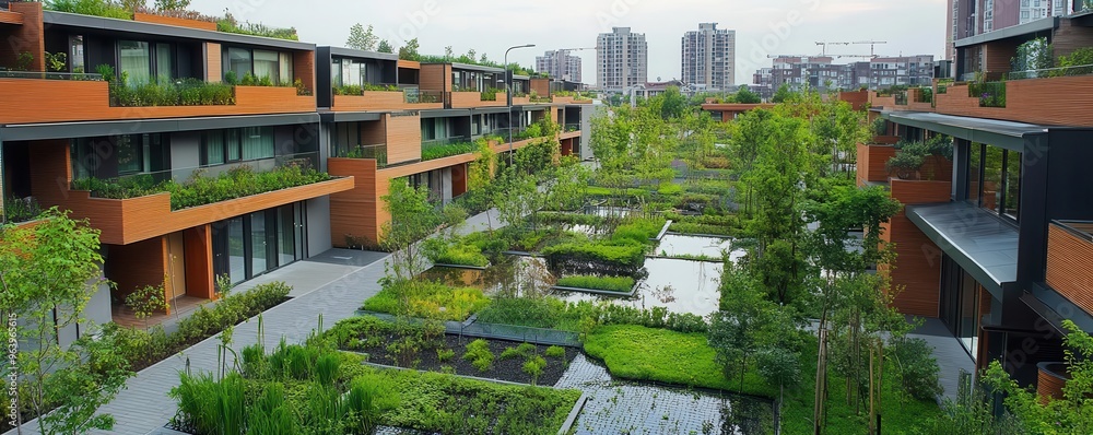 A modern, eco-friendly housing complex featuring lush green courtyards ...