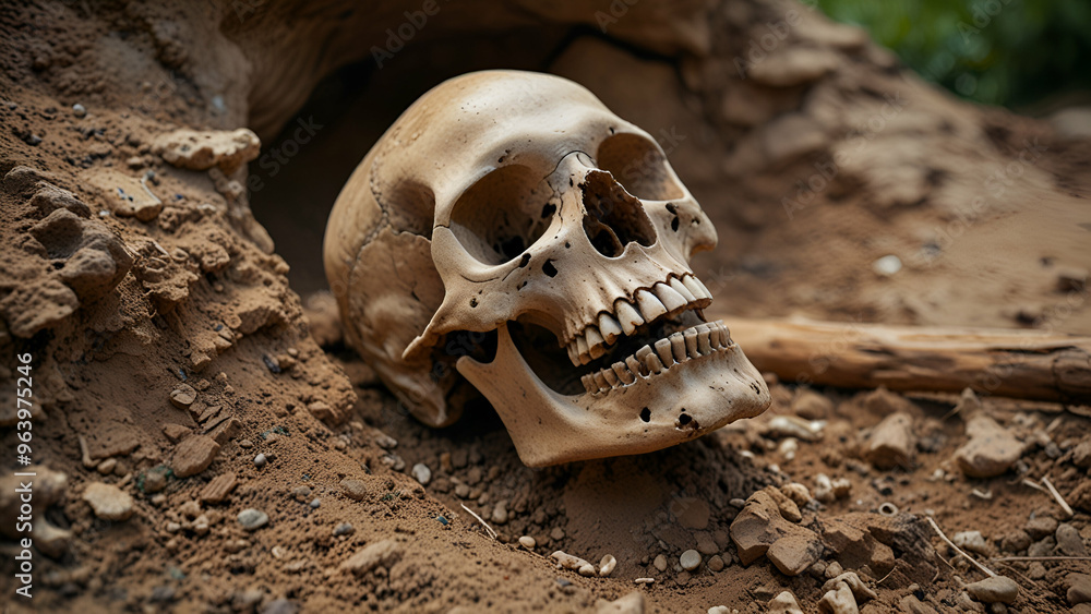 Archaeological dig revealing human remains, bones, skull in a tomb ...