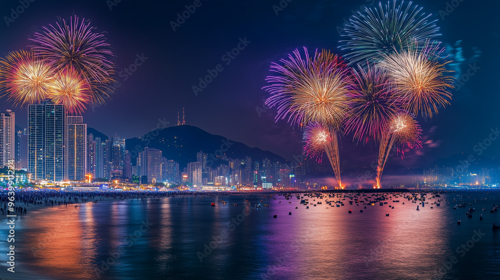 Busan International Fireworks Festival, the night sky is filled with ...