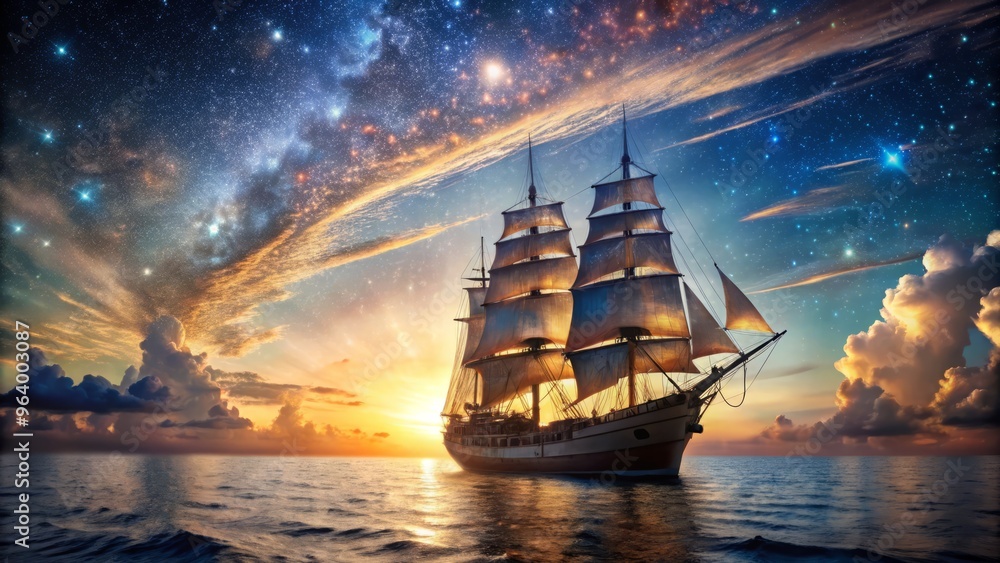 Sulu Sea in the afternoon, a majestic sailing ship with billowing sails ...