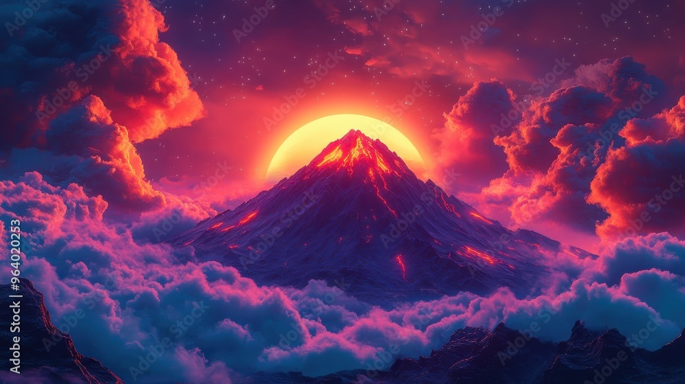 Volcano lava in synthwave style with neon colors and retro-futuristic ...
