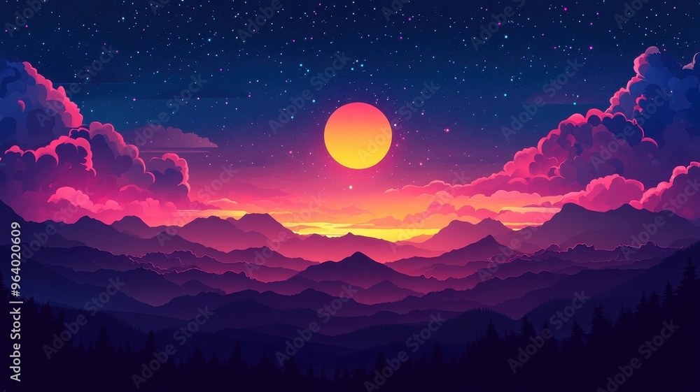 Night sky depicted in flat design style with geometric shapes and ...