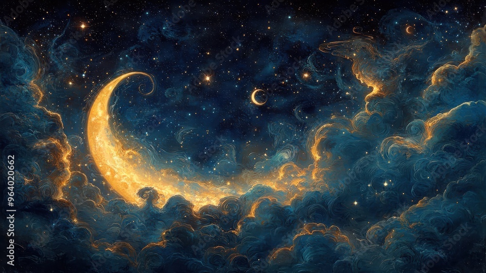 Night sky in Art Nouveau style featuring elegant curves and detailed ...