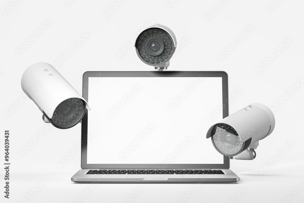 Laptop with blank screen surrounded by security cameras on a white ...