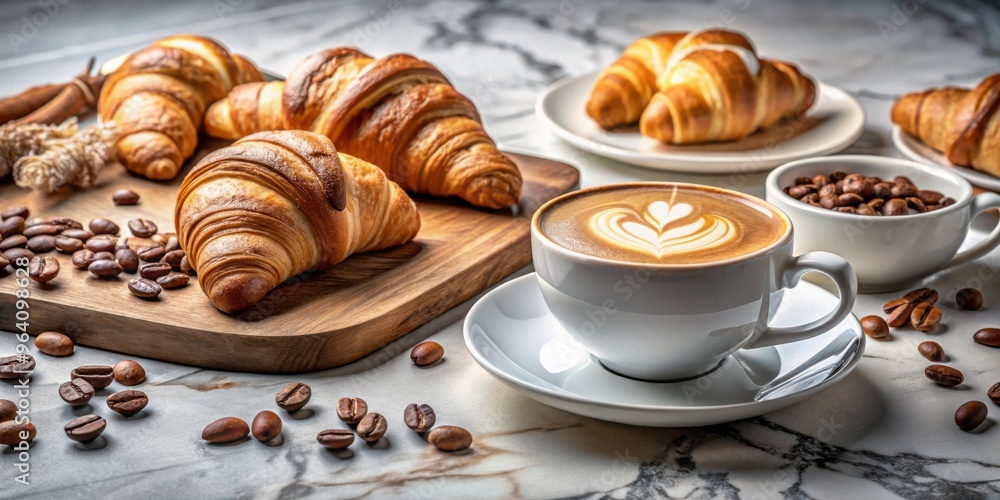 Morning coffee break with latte art and freshly baked croissants served ...