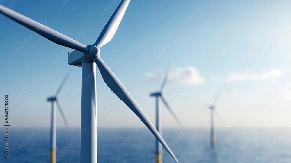 Offshore wind farm generating renewable energy in calm ocean waters ...