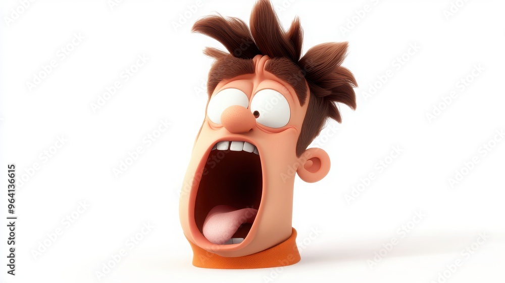 A 3D cartoon character yawning widely, with droopy eyelids and a sleepy ...
