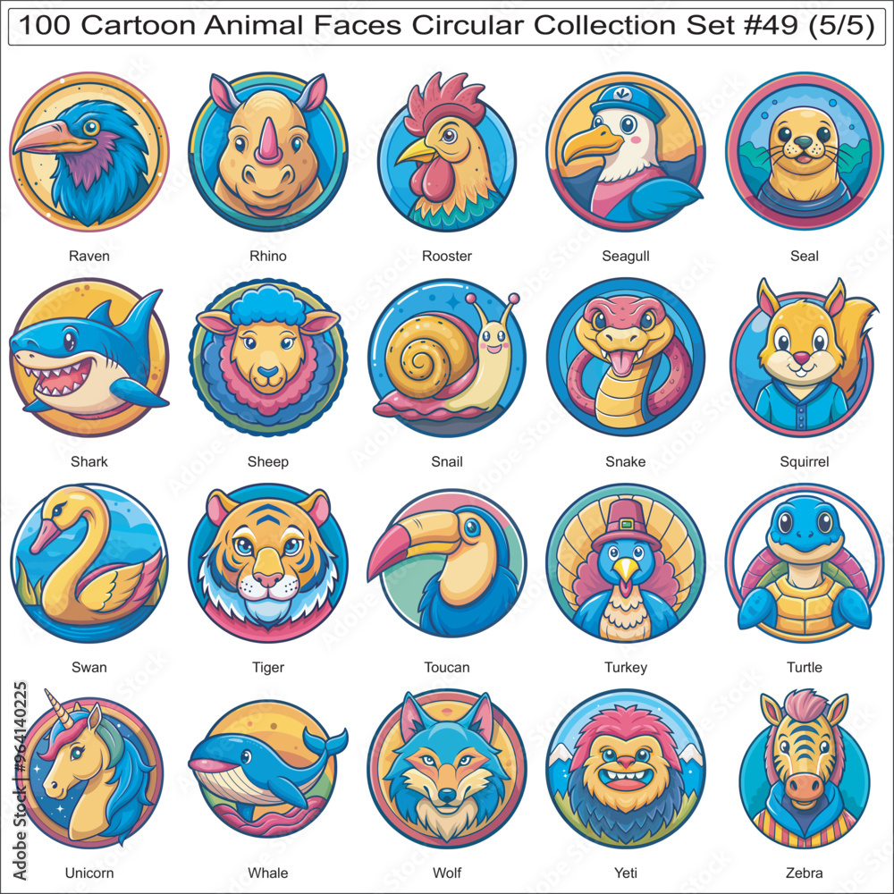 Cartoon Animal Faces Circular Collection Set of 100 Isolated Animals ...
