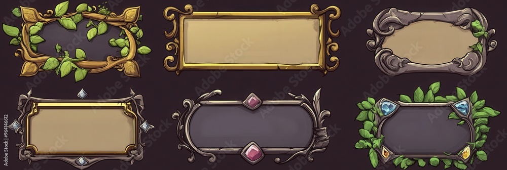 Multiple Empty rectangle frames in medieval style for game ui design. Vector cartoon set of user ...