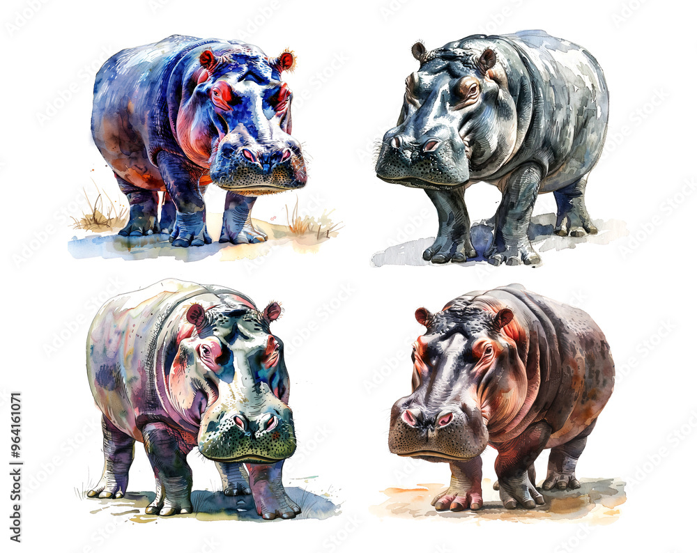 Four captivating watercolor portraits of hippos, showcasing their ...