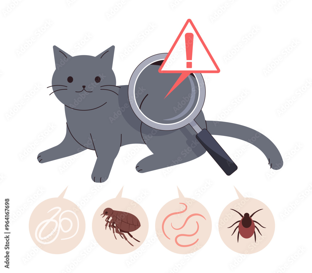 Concept illustration of parasitic infections found in cats. Observe a ...