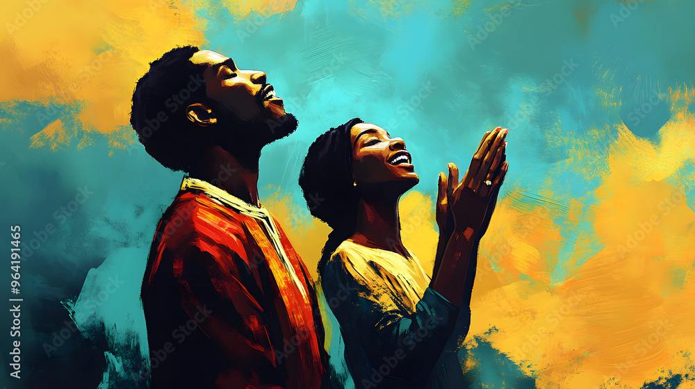 Religious black man and woman pray tto god, belief in the church and ...