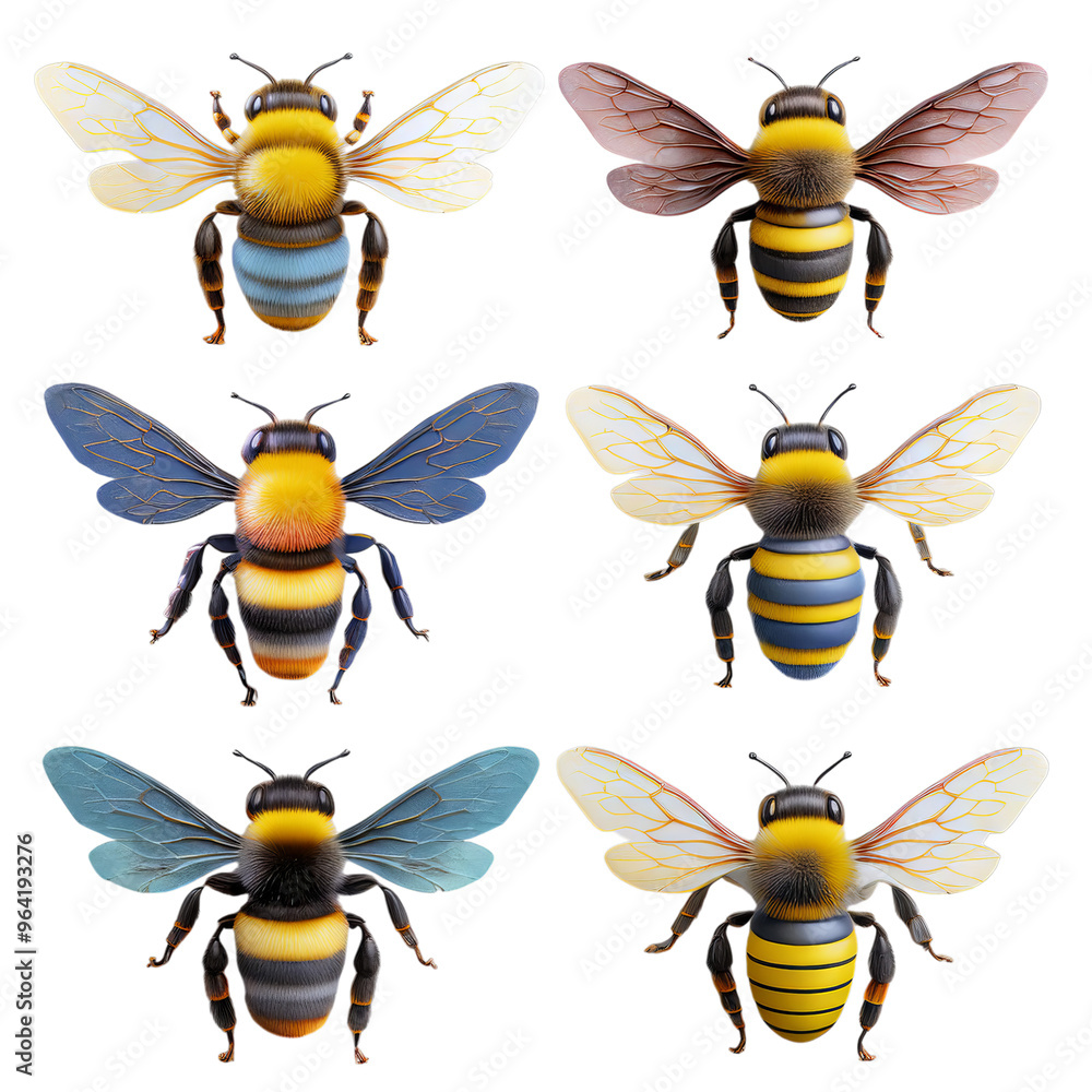 Collection of detailed realistic bees in various positions isolated on ...