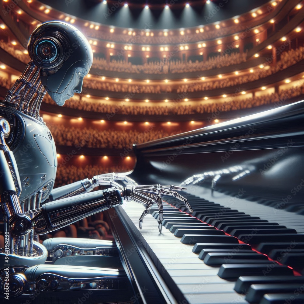 Striking digital art of a futuristic robot playing a grand piano on ...