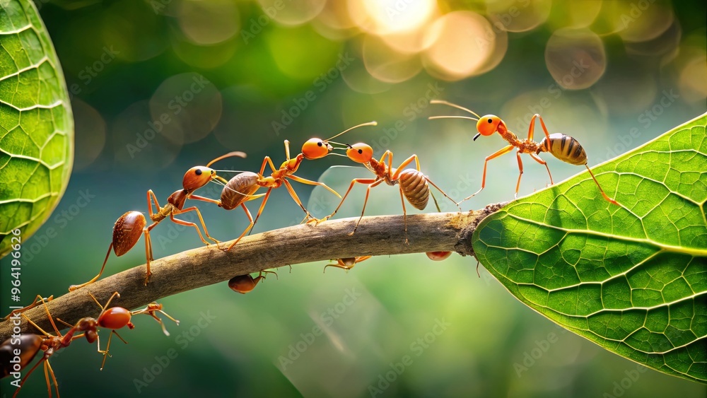 Ants showing teamwork by constructing a bridge from leaves to transport ...