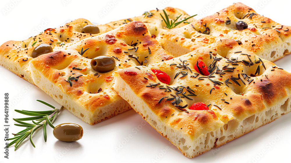 Focaccia bread multiple angles front left right back, flat rectangular ...