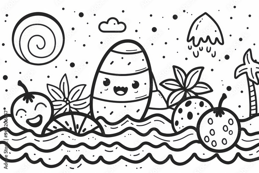 Cute Kawaii mountain surfing on beach waves with summer fruits, kids ...