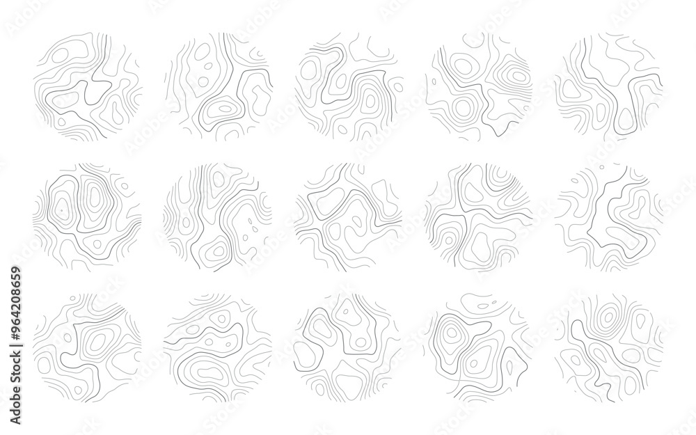 Set rings of topographic line map, circular geographic grid map. Tree ...