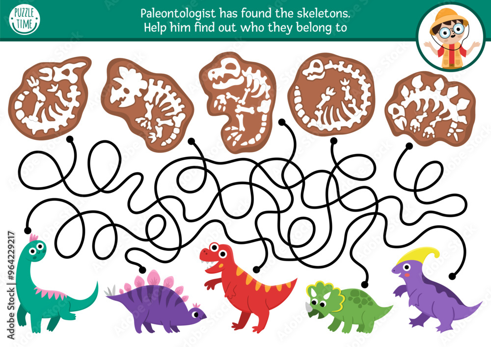 Dinosaur maze for kids with cute animals and their skeletons. Simple ...