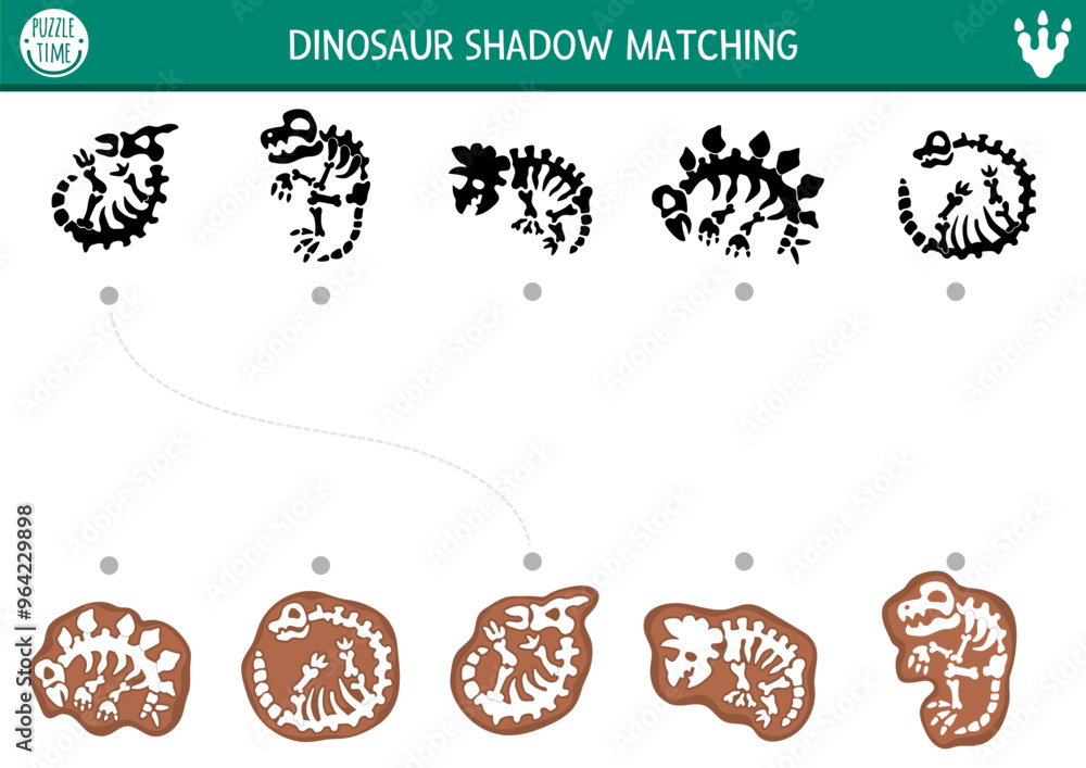 Dinosaur shadow matching activity with fossil bones. Prehistoric puzzle ...