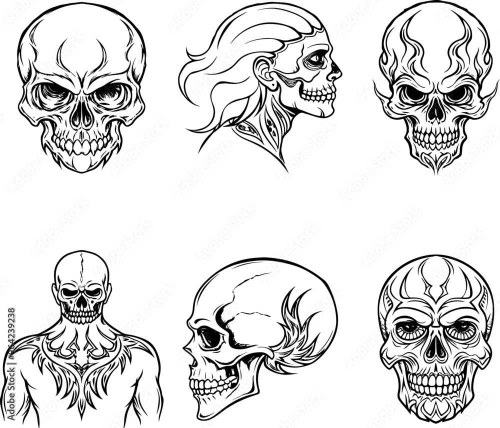 Tattoo of a man's skull upright and in profile. Set of vector sketches ...