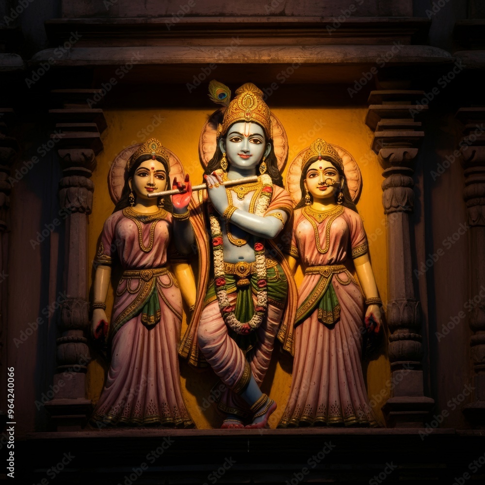 Indian culture, the statue of Hindu God Sri Krishna with consorts on ...
