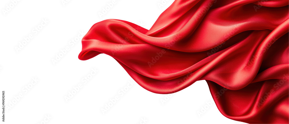 Bright red silk fabric draped in soft folds with smooth texture and ...