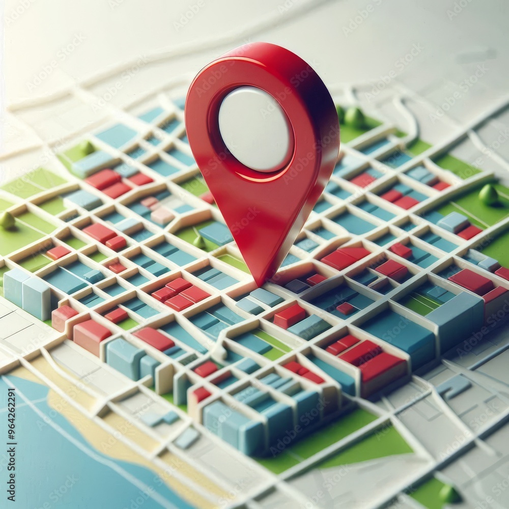 A detailed 3D rendered map featuring a prominent red location pin. The ...