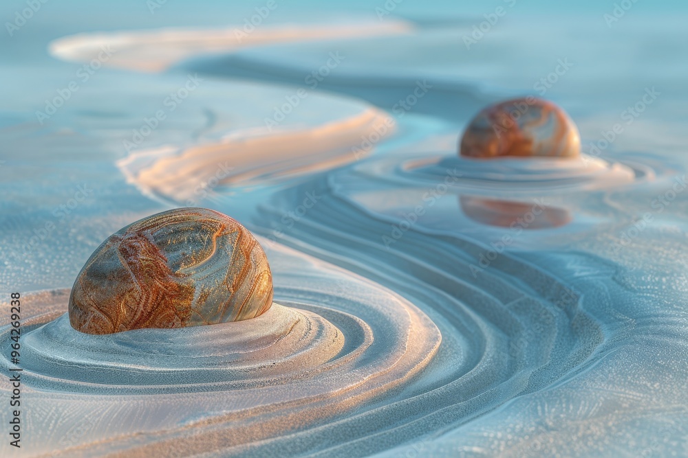 Tranquil zen sand garden featuring balanced stones and raked patterns ...