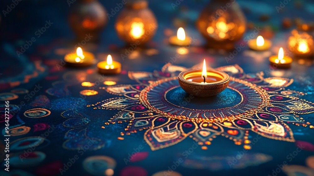 A richly detailed rangoli pattern spread across a deep blue background ...
