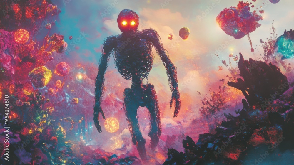 Detailed and Eerie Illustration of a Skin-Walker with Glowing Eyes and ...