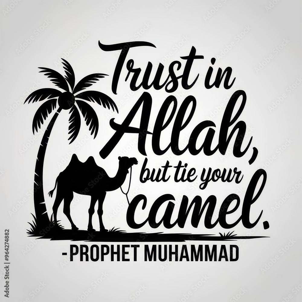 "Trust in Allah but tie your camel" Islamic quote with camel and palm ...