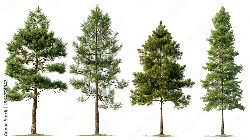 Pine trees, multiple angles view side top front, various shapes and ...
