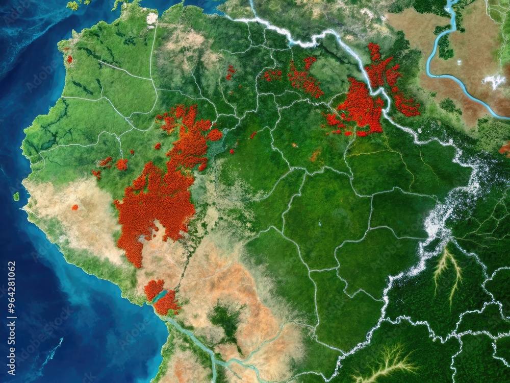 Satellite Map Of The Amazon Rainforest Showcasing Areas Of