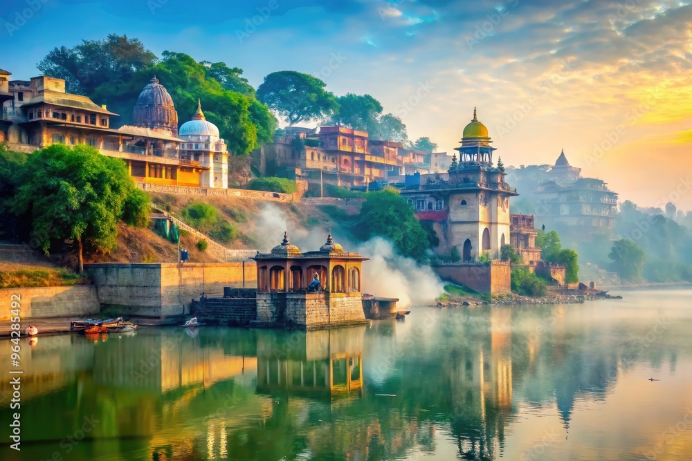 Serene morning mist rises over the sacred Ganga River in India, with ...