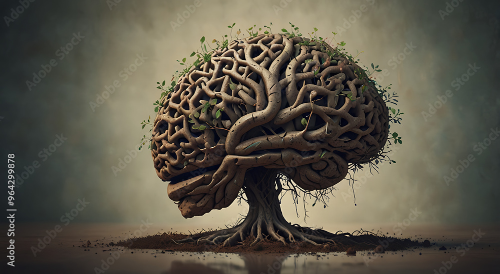 A creative representation of mental health as a brain with roots ...