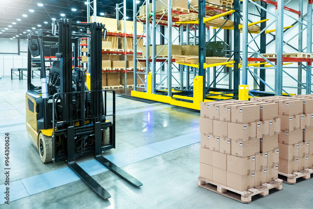 Warehouse enterprise. Forklift inside logistics center. Courier service ...