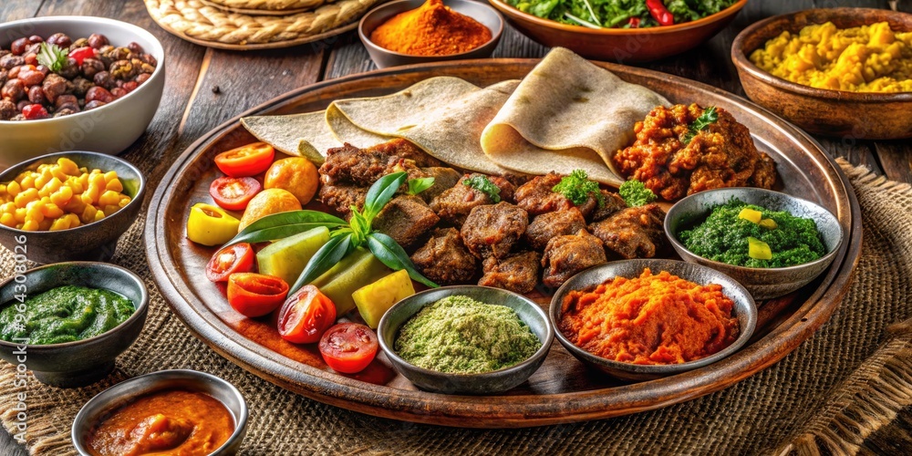 Visual Display Of Traditional Ethiopian Cuisine, Featuring Injera Bread ...