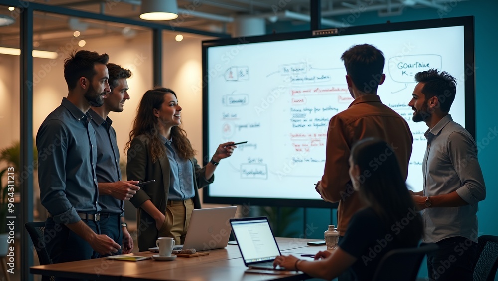 Diverse tech team brainstorming in modern office space gathered around ...