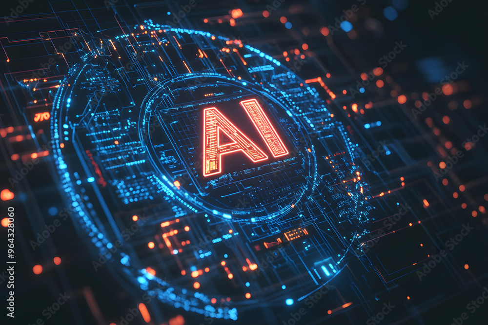 Glowing AI text in futuristic digital frame with flowing lines and intricate data grids ...