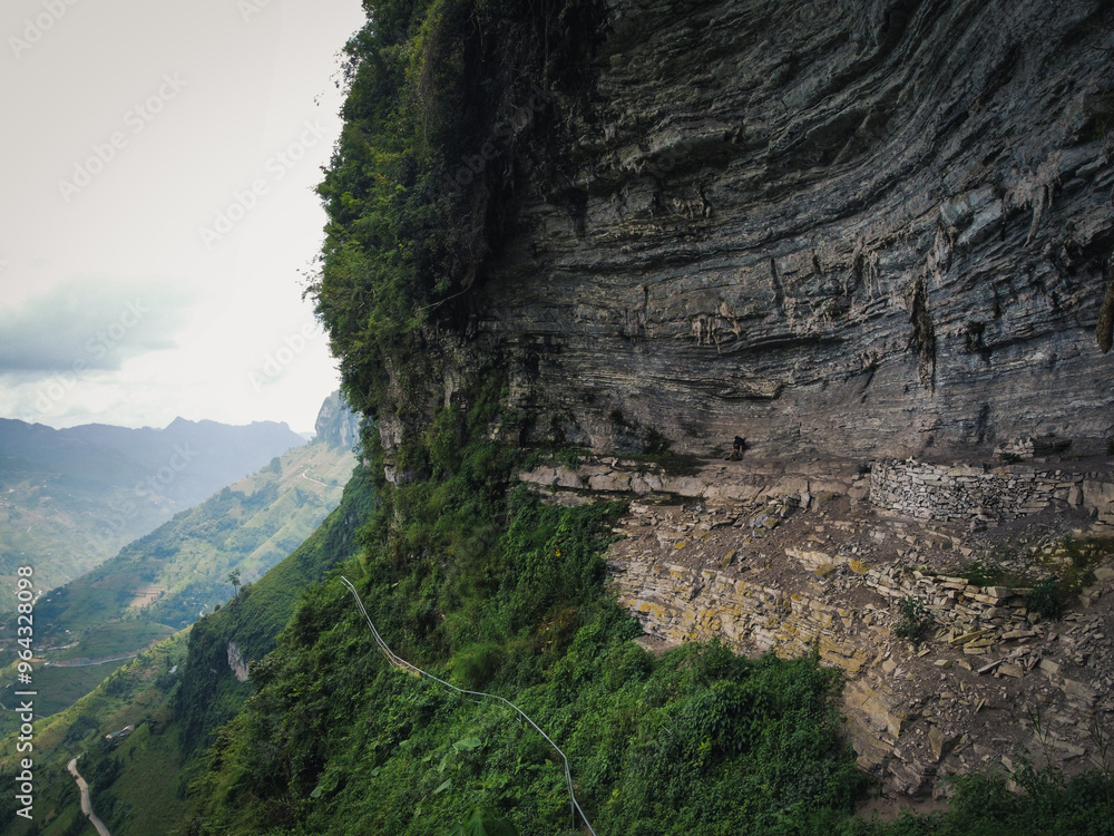 Aerial photography of white cliffs in Ha Giang, Vietnam, overseeing the ...