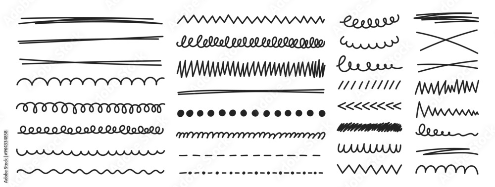 Hand drawn collection of curly, squiggly, wavy, zigzag lines. Horizontal handwritten elements ...
