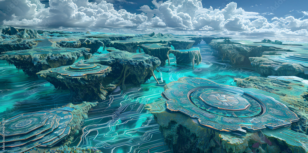 Coral atoll with reefs shaped like motherboards and lagoon waters ...