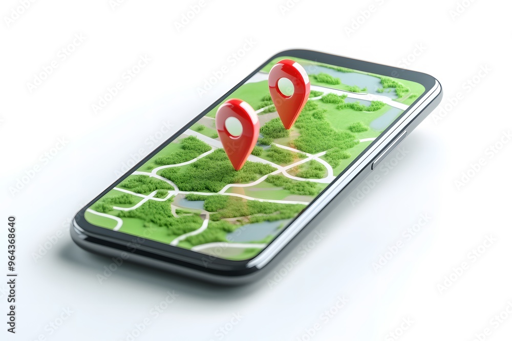 A smartphone with an open map app showing three red pins on the screen ...