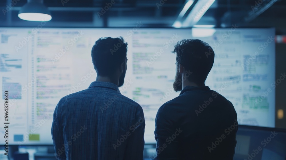 Foto de Stock Software engineers brainstorming ideas on a whiteboard filled with code and ...