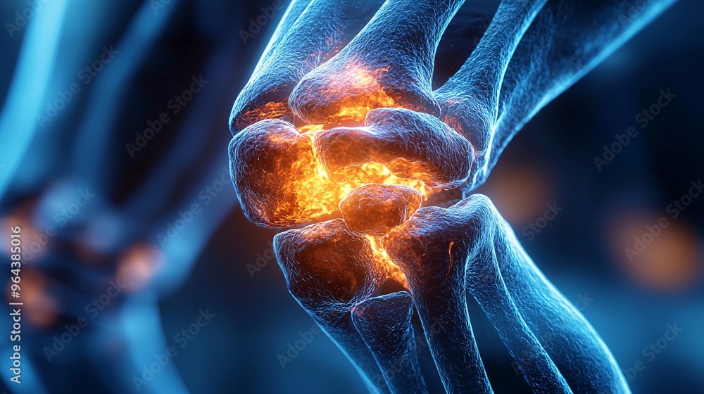 A stylized image of a knee joint with jagged, broken edges ...