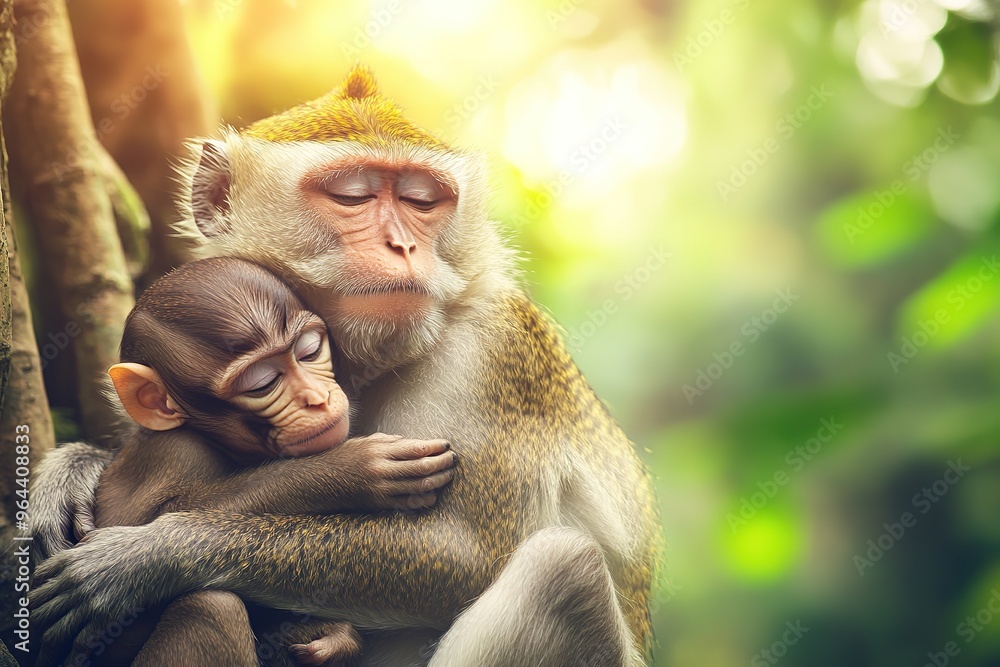 Monkeys grooming each other in a dense forest, social bonding, dappled ...