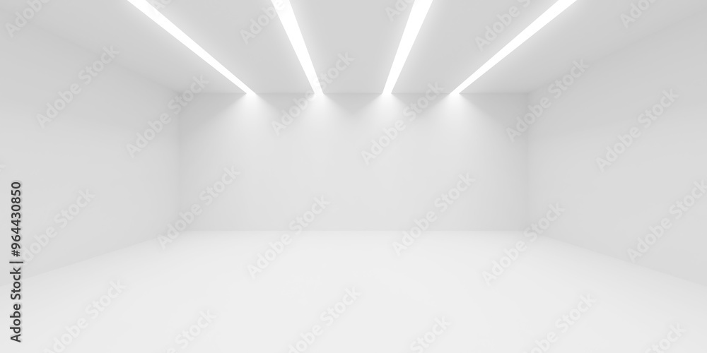 Empty, blank white room with multiple vertical light slit openings in ...