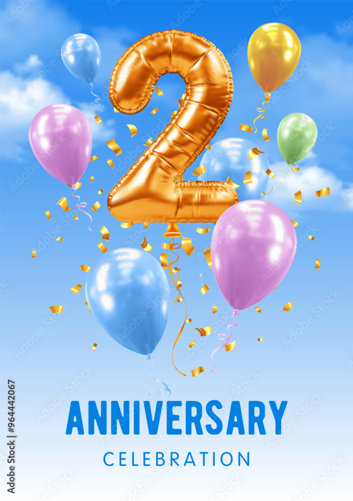 2th Anniversary celebration. Number 2 in the form of golden balloon. 3D ...